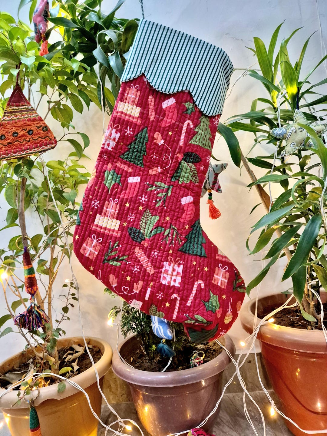 Hand Block Printed Christmas Stocking, Red Christmas Tree Quilted ...