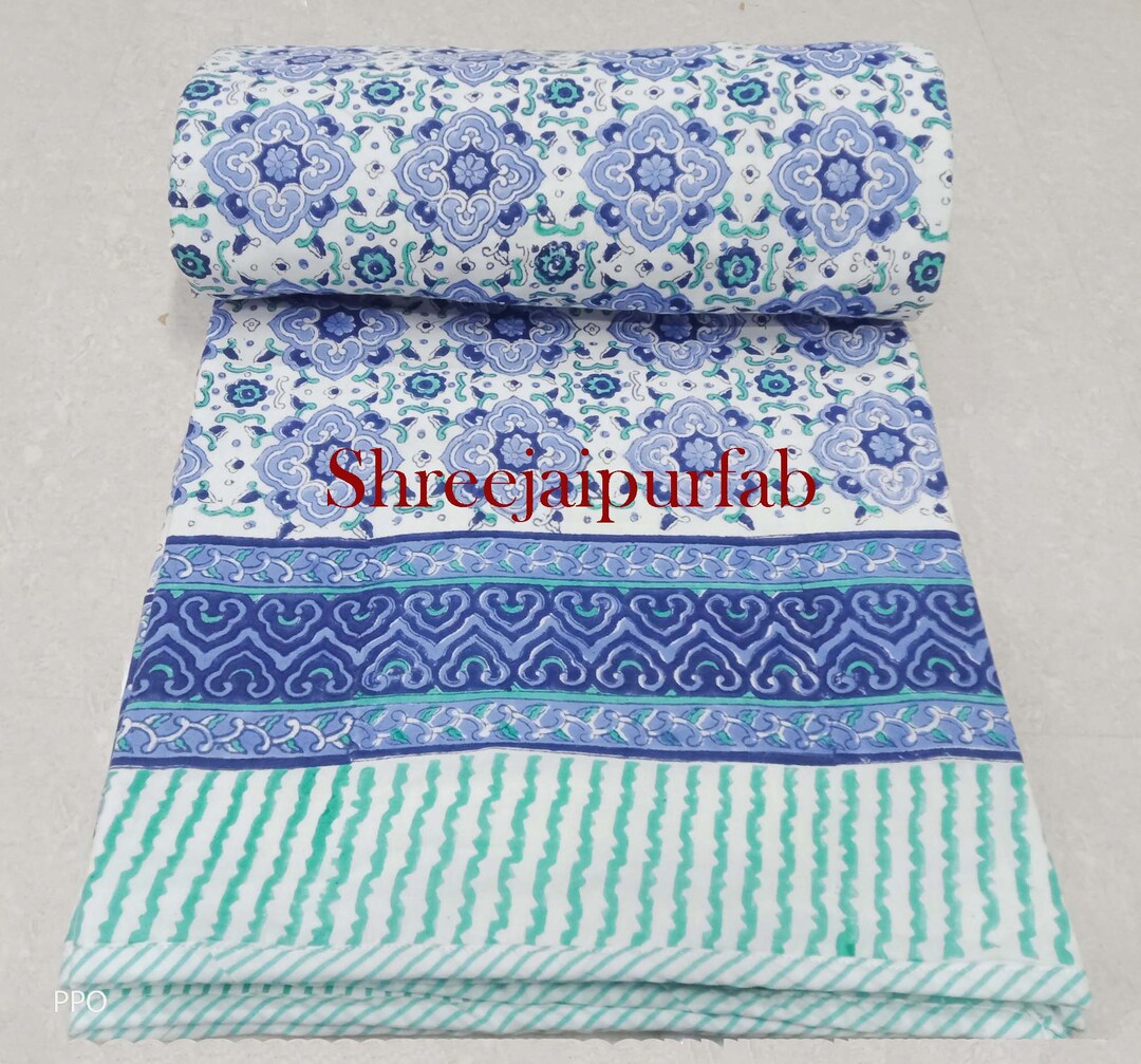 Blue Jal Print Cotton Dohar: Reversible Indian Hand Block Quilt - Etsy