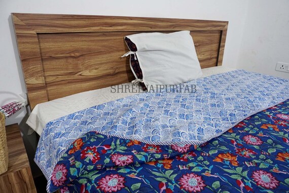 New Blue and Pink Floral Print Reversible Cotton Ac Dohar - Etsy