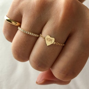 Mini Gold Heart Chain Ring Tiny Heart Chain Ring 14K Gold Heart Chain ...