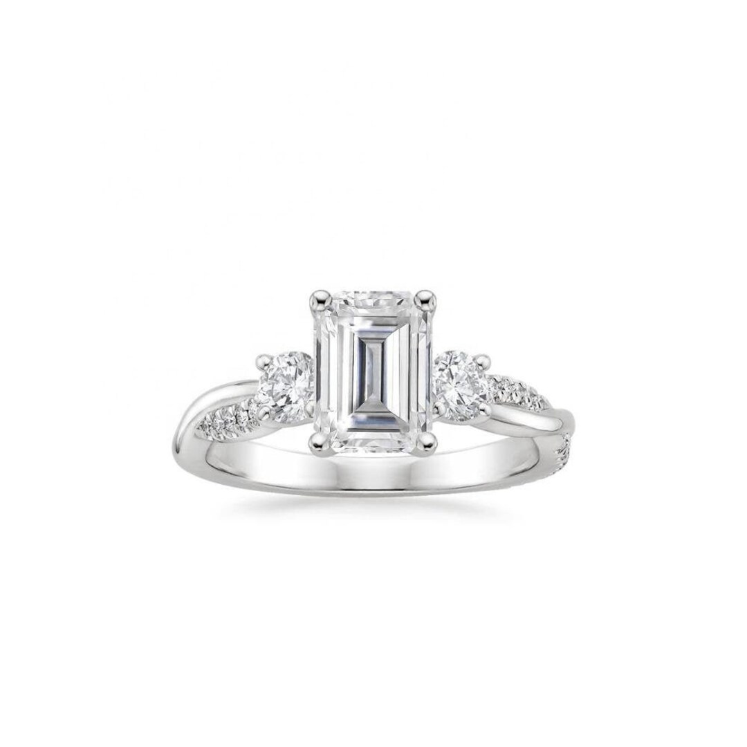 2ct Emerald Cut Moissanite Engagement Ring 3 Stone Etsy