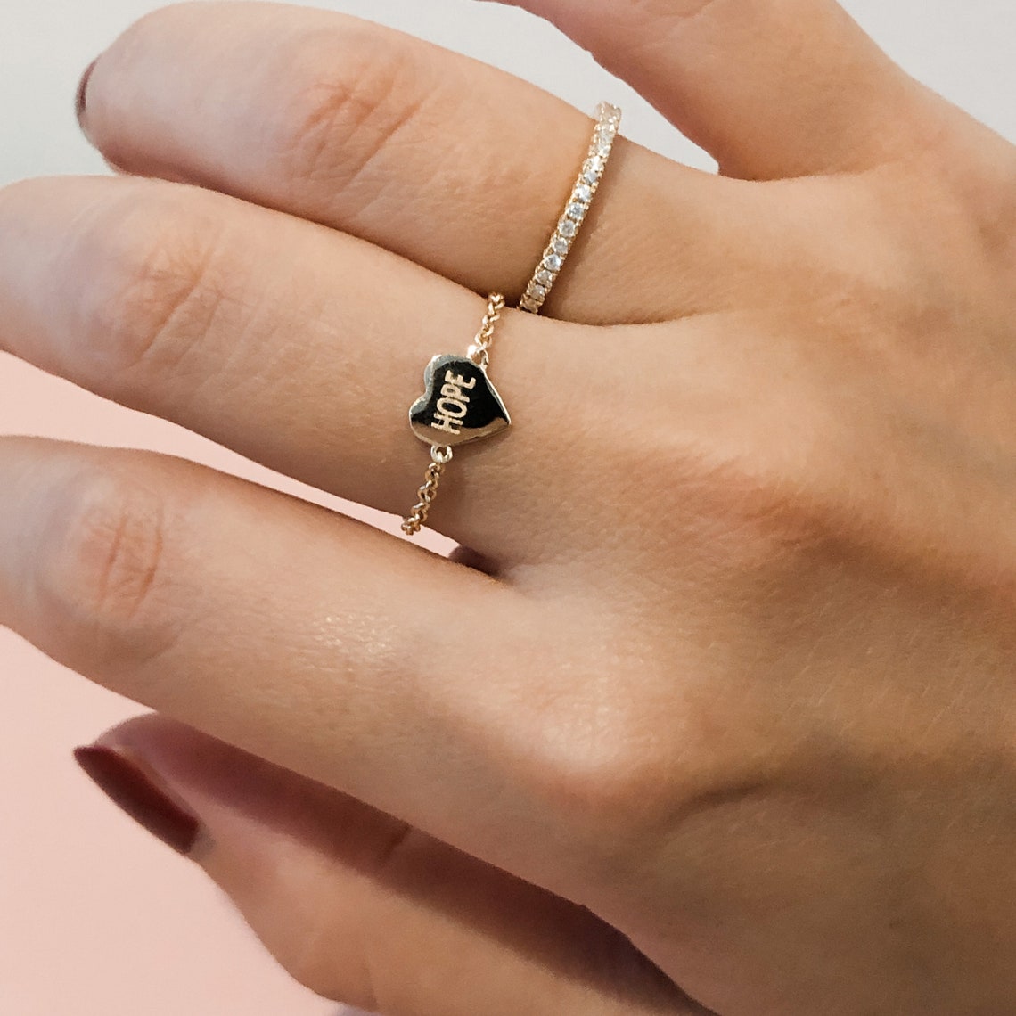 Mini Gold Heart Chain Ring Tiny Heart Chain Ring 14K Gold | Etsy