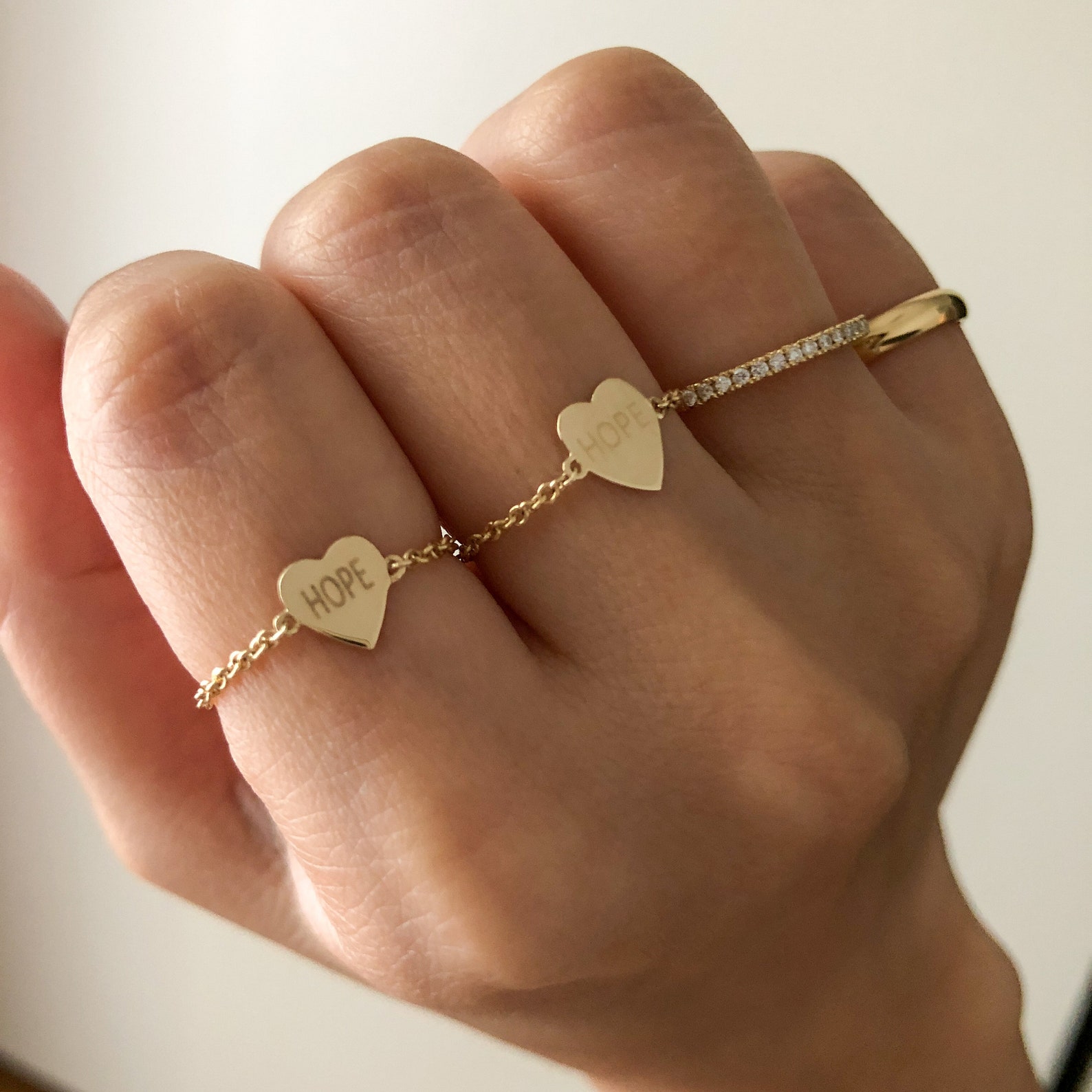 Gold Heart Chain Ring Heart Chain Ring 14K Gold Heart | Etsy