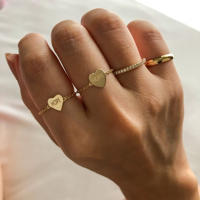 Mini Gold Heart Chain Ring Tiny Heart Chain Ring 14K Gold | Etsy