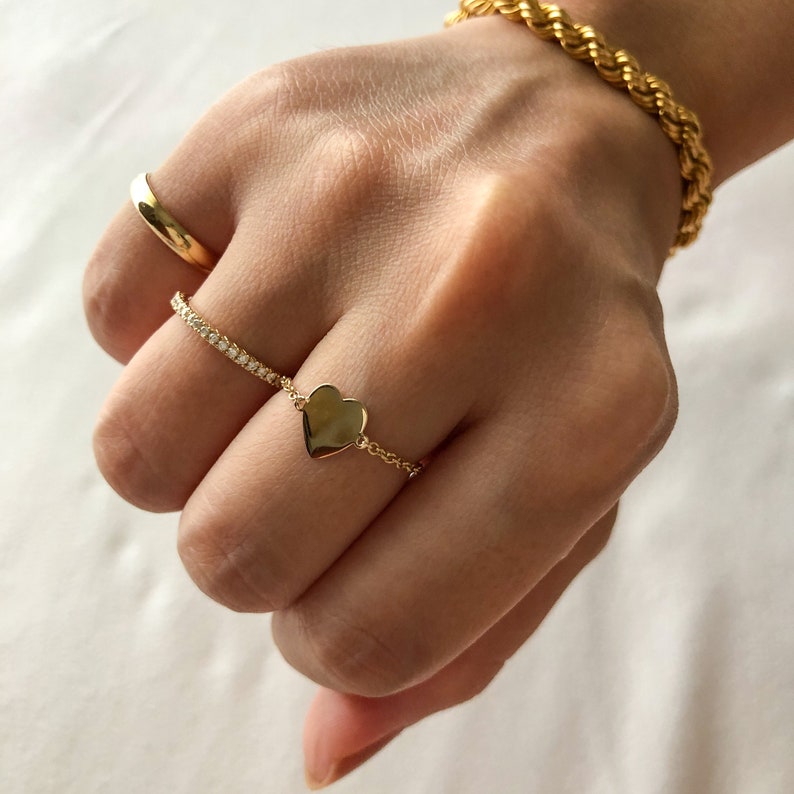 Gold Heart Chain Ring Heart Chain Ring 14K Gold Heart | Etsy