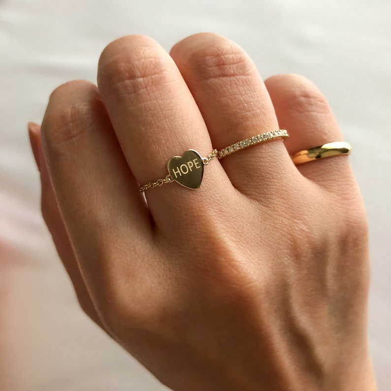 Gold Heart Chain Ring Heart Chain Ring 14K Gold Heart | Etsy