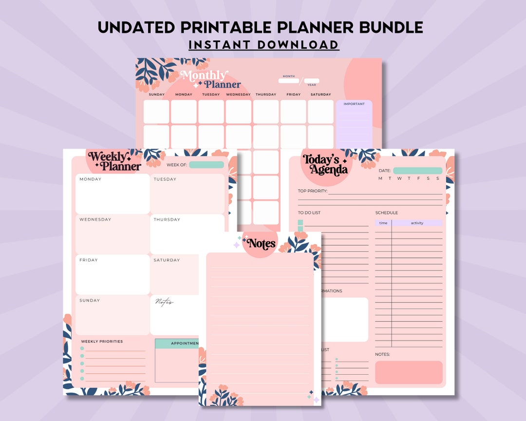 Printable Planner Bundle, Undated Planner Pages, Monthly Schedule ...