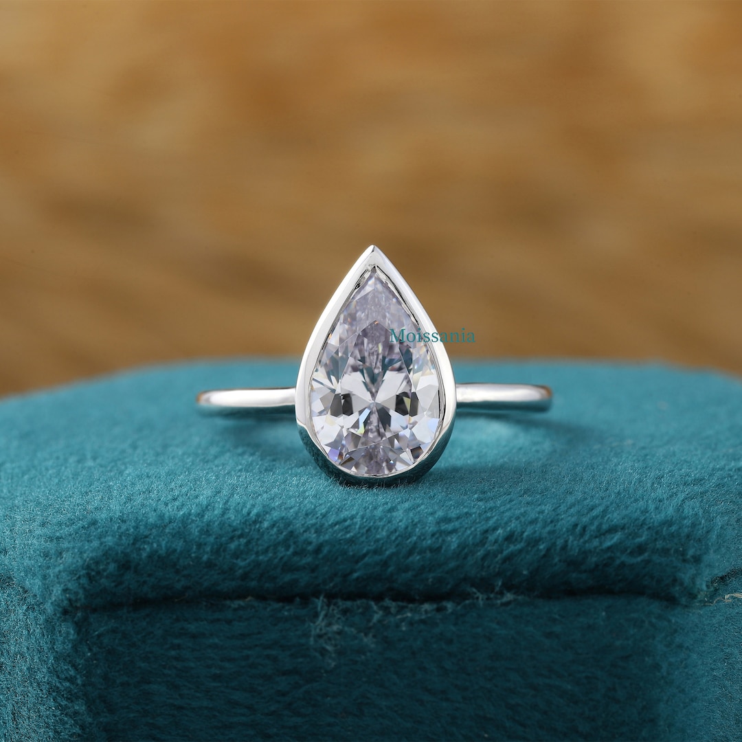 Solitaire Pear Cut Moissanite Ring, Tear Drop Engagement Rings, Bezel ...