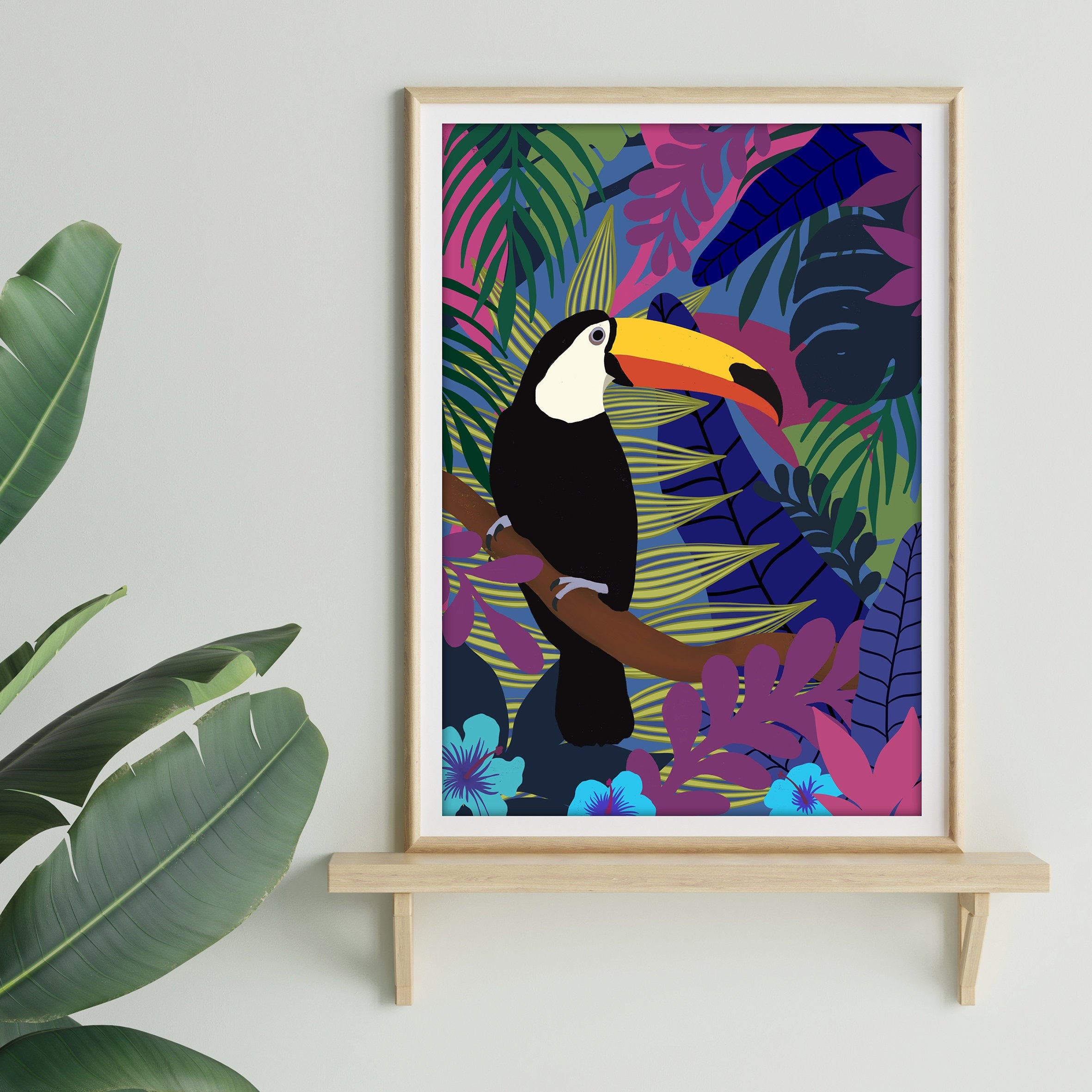 Tropical Illustrated Toucan Exotic Jungle Leaves Wall Art | Etsy
