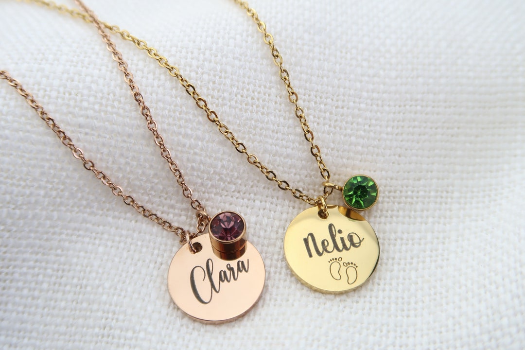 Birthstone Necklace With Name Engraving Plates Stainless - Etsy