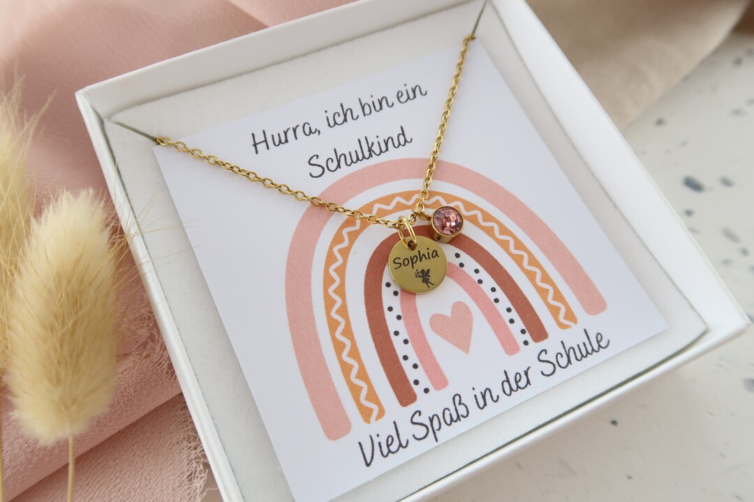 Personalisierte Gravur Kette mit Geburtsstein Einschulungsgeschenk 2024 Geschenk für Schultüte ...