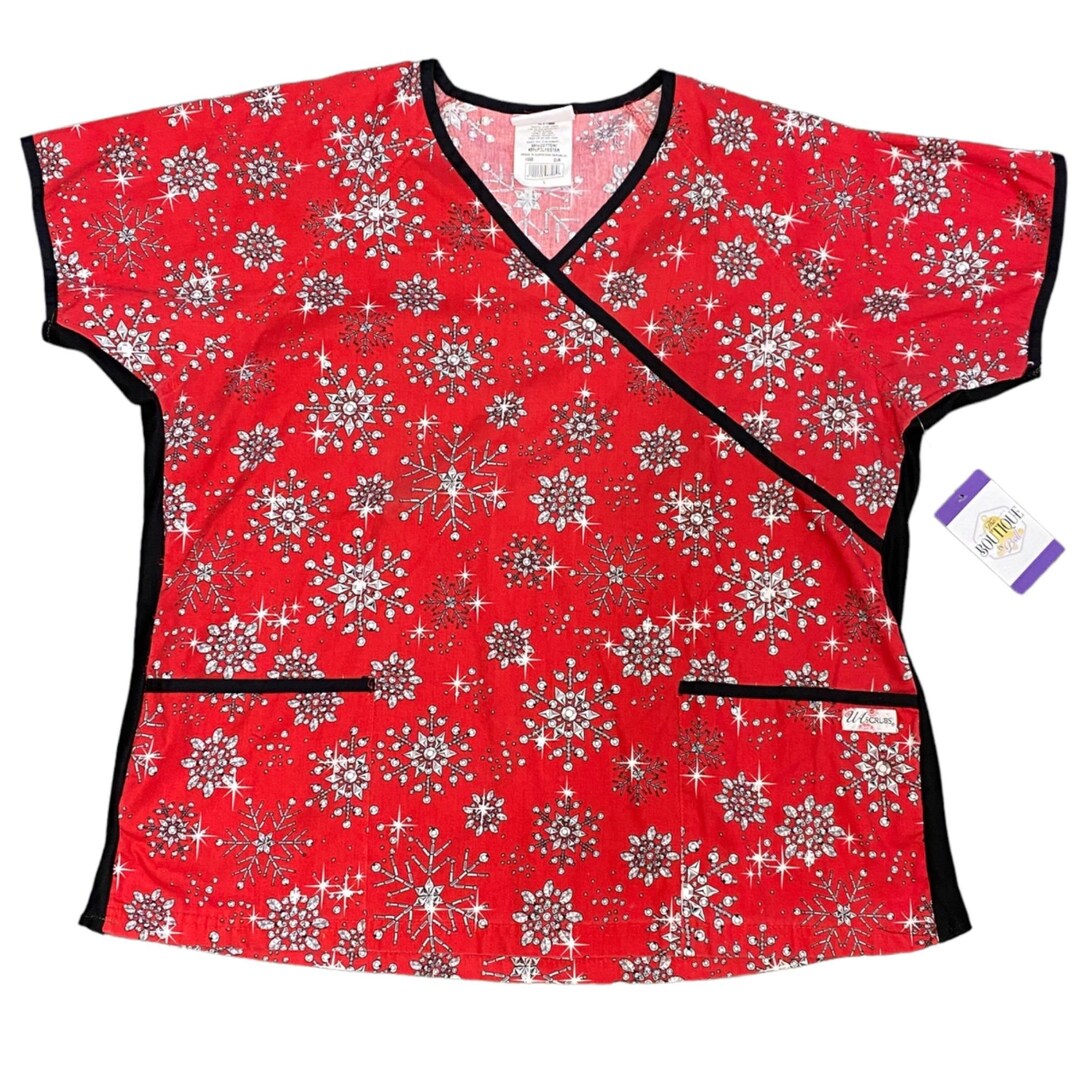 Christmas Scrub Top UA Scrubs L Red Snowflake Nursing Uniform Festive ...