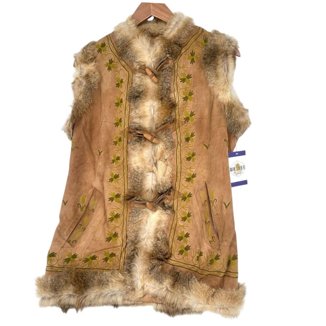 Handmade Leather Vest L Nepal Rabbit Fur Trim Satin Lined Embroidered ...