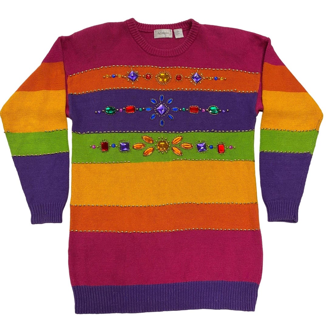 Vintage Tunic Sweater Arlando L Multicolor Rainbow Beaded Striped ...