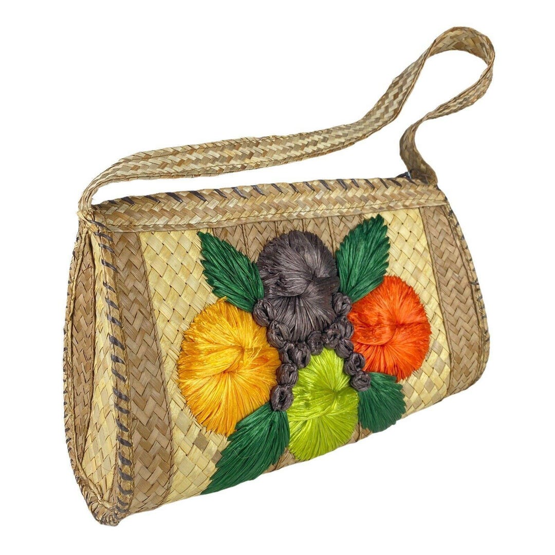 Vintage Woven Straw Purse Floral Festival Raffia Corn Husk Shoulder Bag ...
