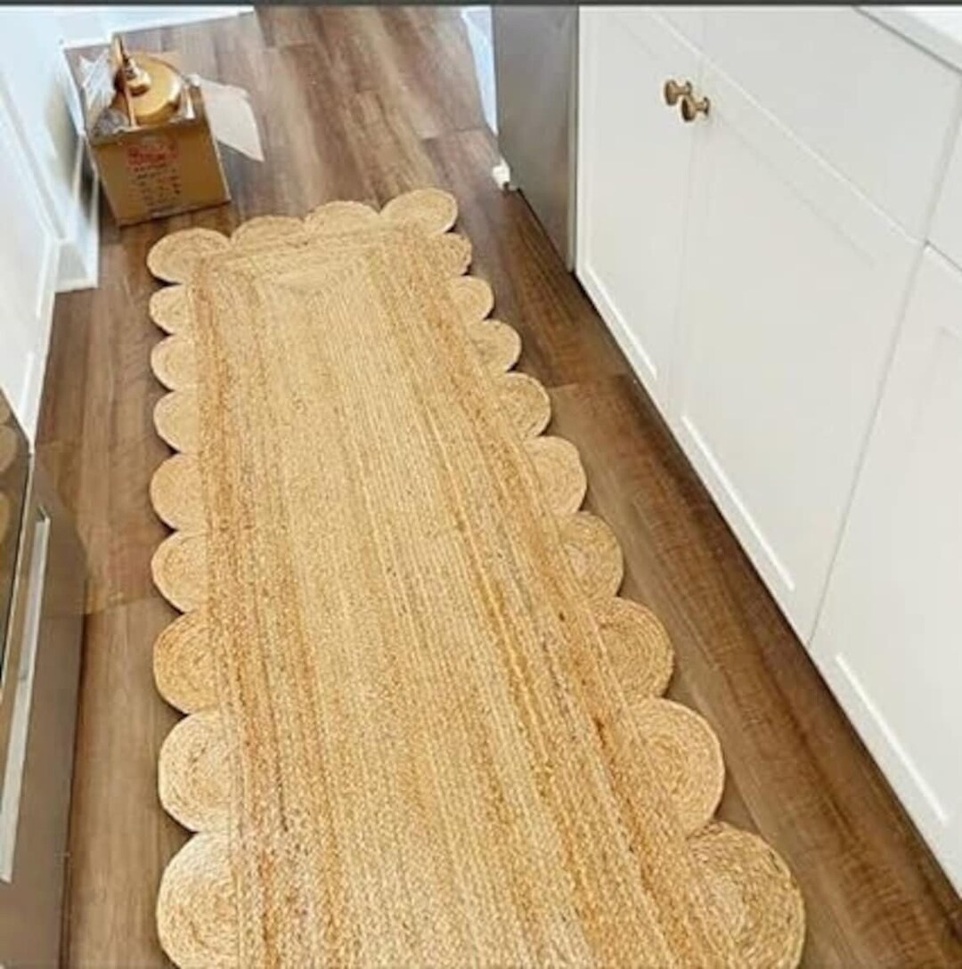 Jute Runner Rug Scalloped Runner Rug, Bohemian Scallop Rug, Natural ...