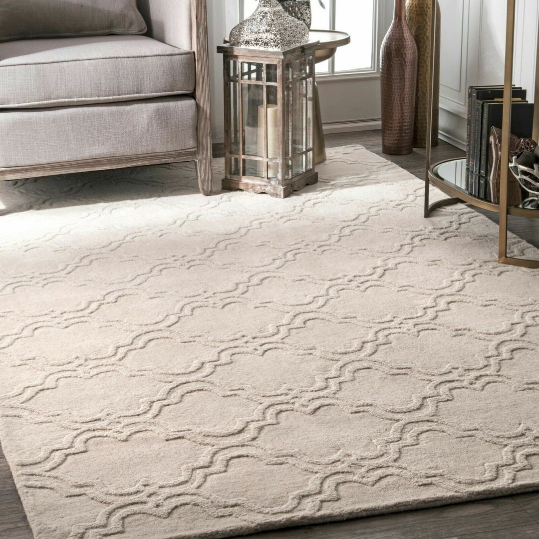 Hand Tufted Hand Made Solid Geometric Trellis Wool Area Rug in Ivory ...