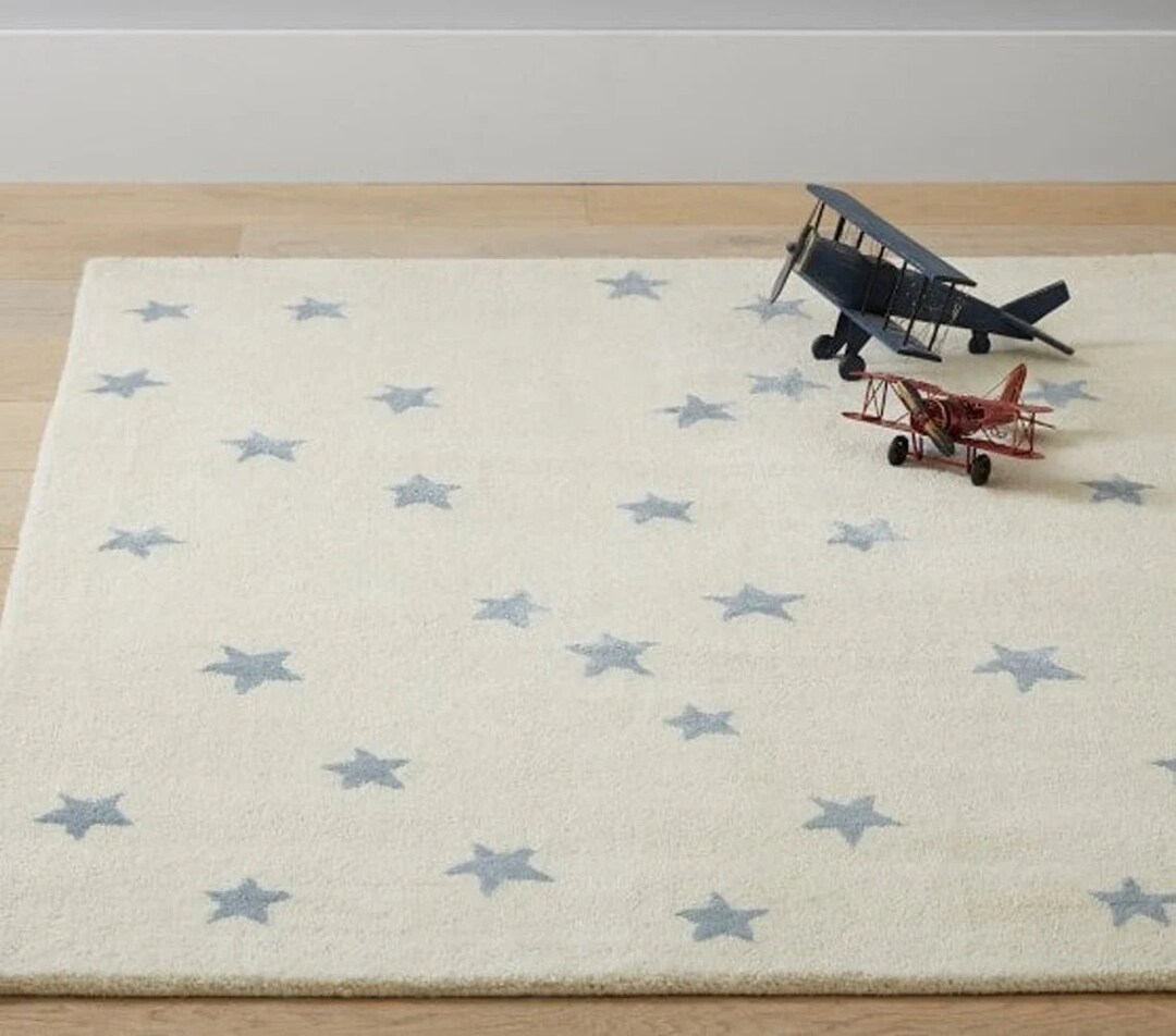 Authentic Hand Tufted Star Rug Kids Rug White Rug,blue Rug Children ...