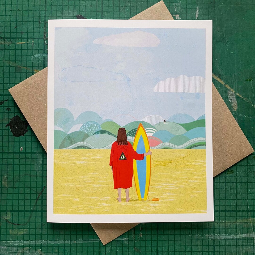 Surf Greetings Card, Female Surfer Card, Surf Board, Surfing Art Card ...