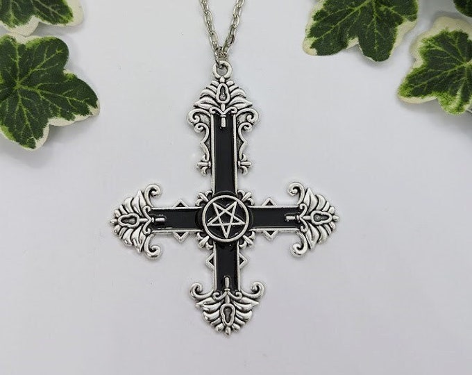 Stunning Black and Silver Inverted Cross Necklace With Central Inverted ...