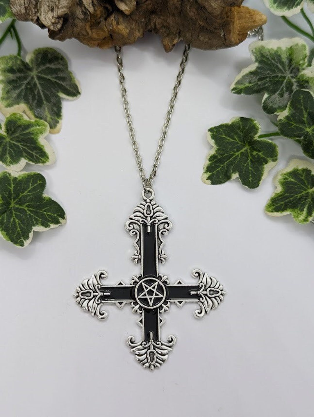 Stunning Black and Silver Inverted Cross Necklace With Central Inverted ...