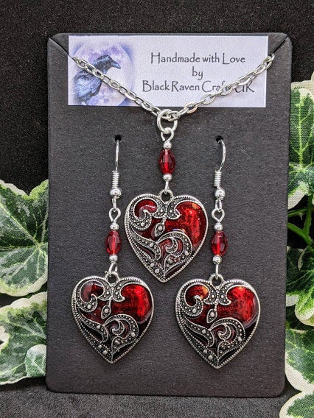 Gothic Red Heart Necklace and Earrings: Antique Silver Crystal Bead ...