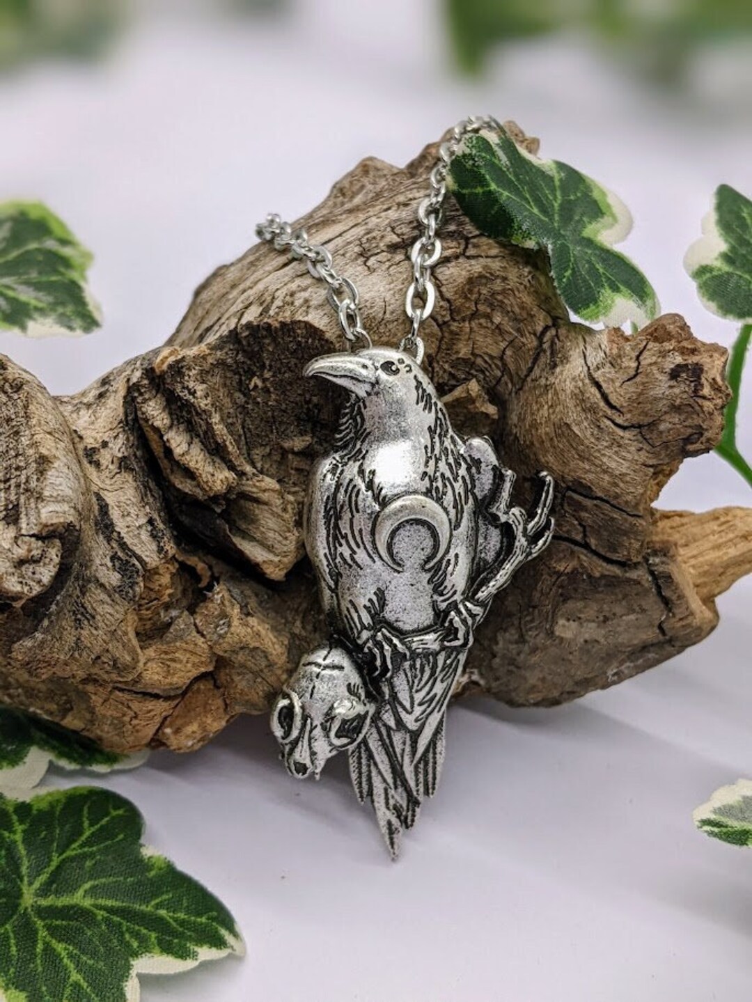 Celestial Raven With Crescent Moon and Skull, Stunning Pendant Necklace ...