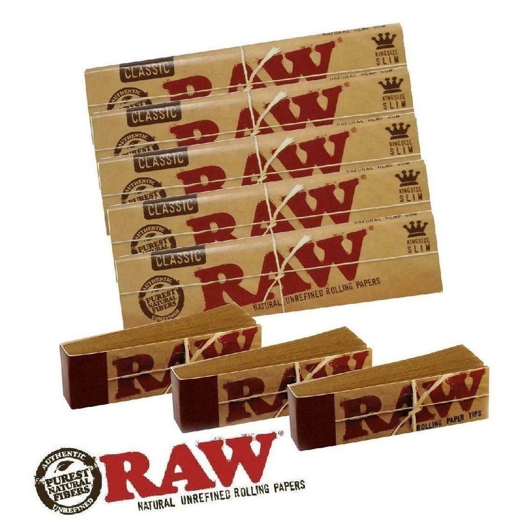 5 X Raw Classic King Size Slim Rolling Paper Booklets With 3 X Raw Tips ...