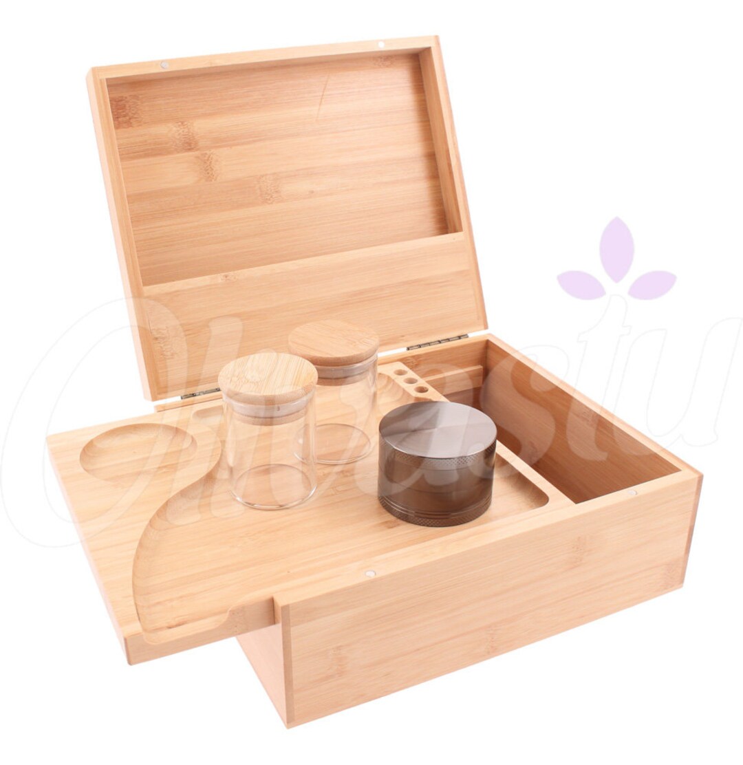 Bamboo Wood Rolling Box Tray Set Grinder & 2 Stash Jars With Key Lock ...