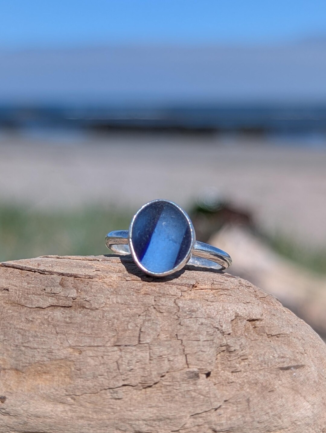 Blue Seaham Sea Glass Silver Ring Size UK P Rare Cobalt, White Stripe ...