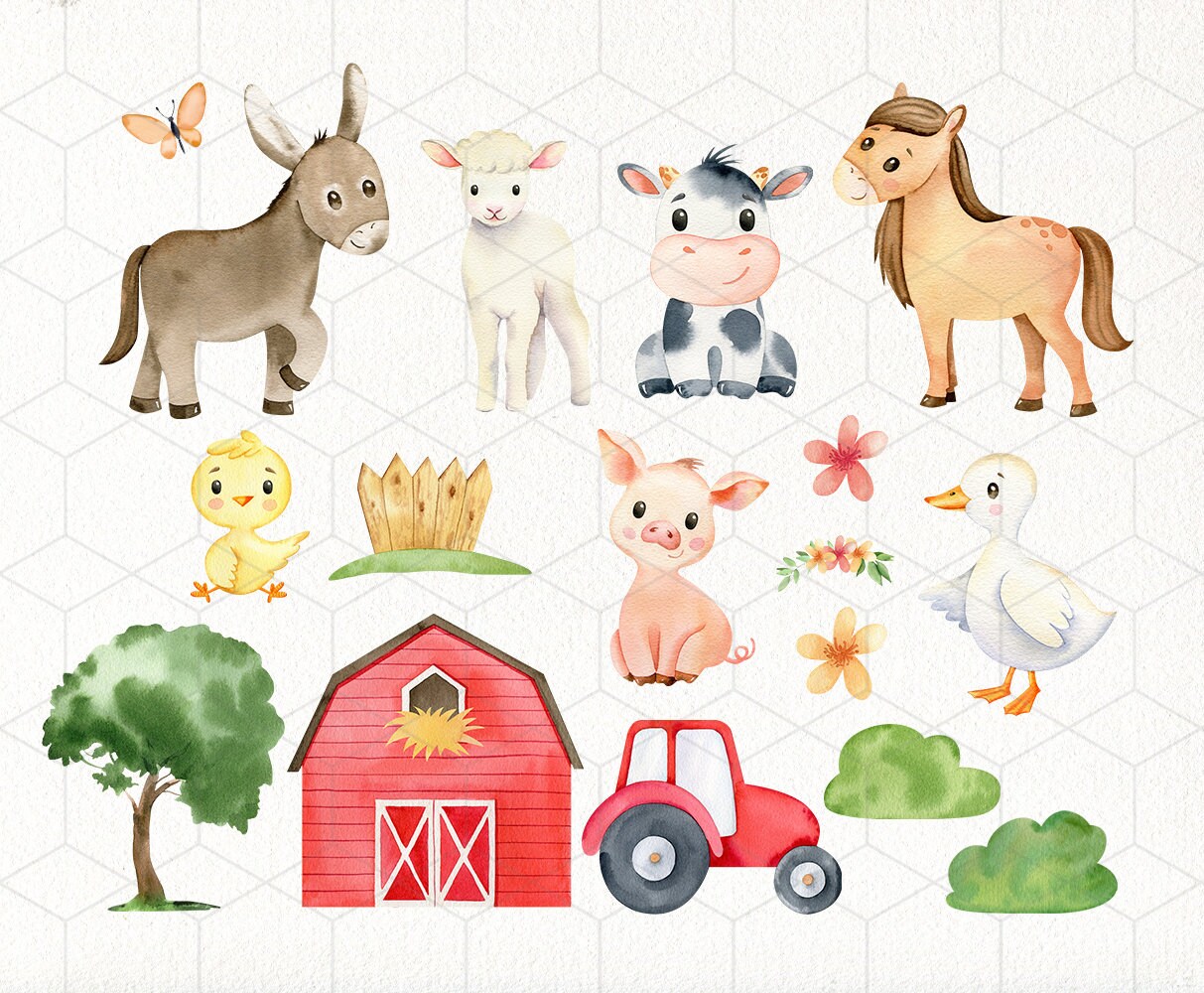 Watercolor farm animals clipart Cute farm animals png Barn | Etsy