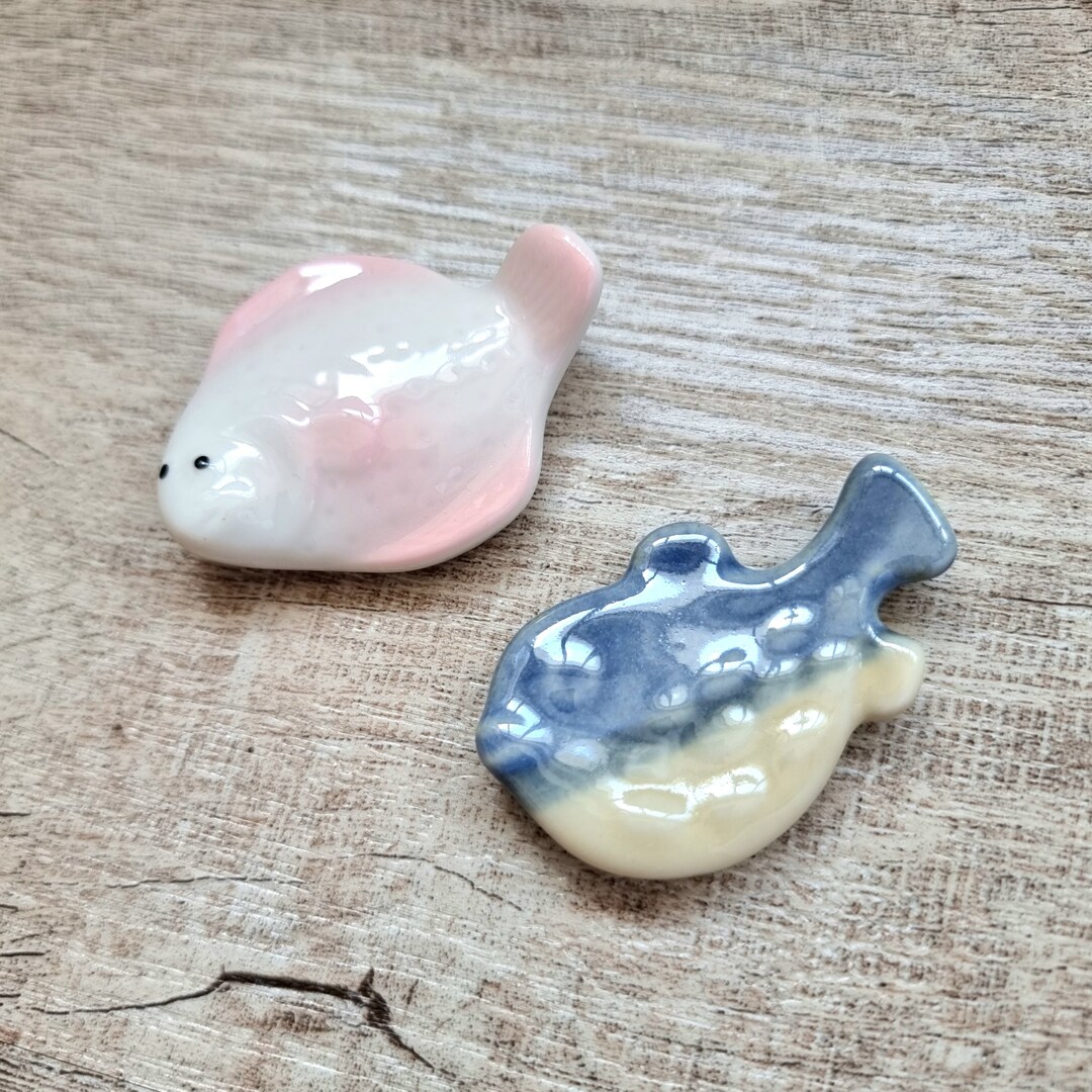 Fugu Puffer Fish and Flounder Fish Japanese Style Ceramic Watercolor ...
