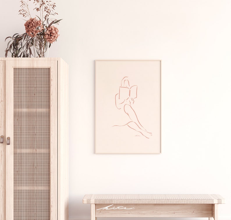 Minimal Line Drawing PRINTABLE Wall Art Woman Reading a Book - Etsy