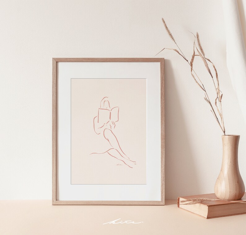 Minimal Line Drawing PRINTABLE Wall Art Woman Reading a Book - Etsy
