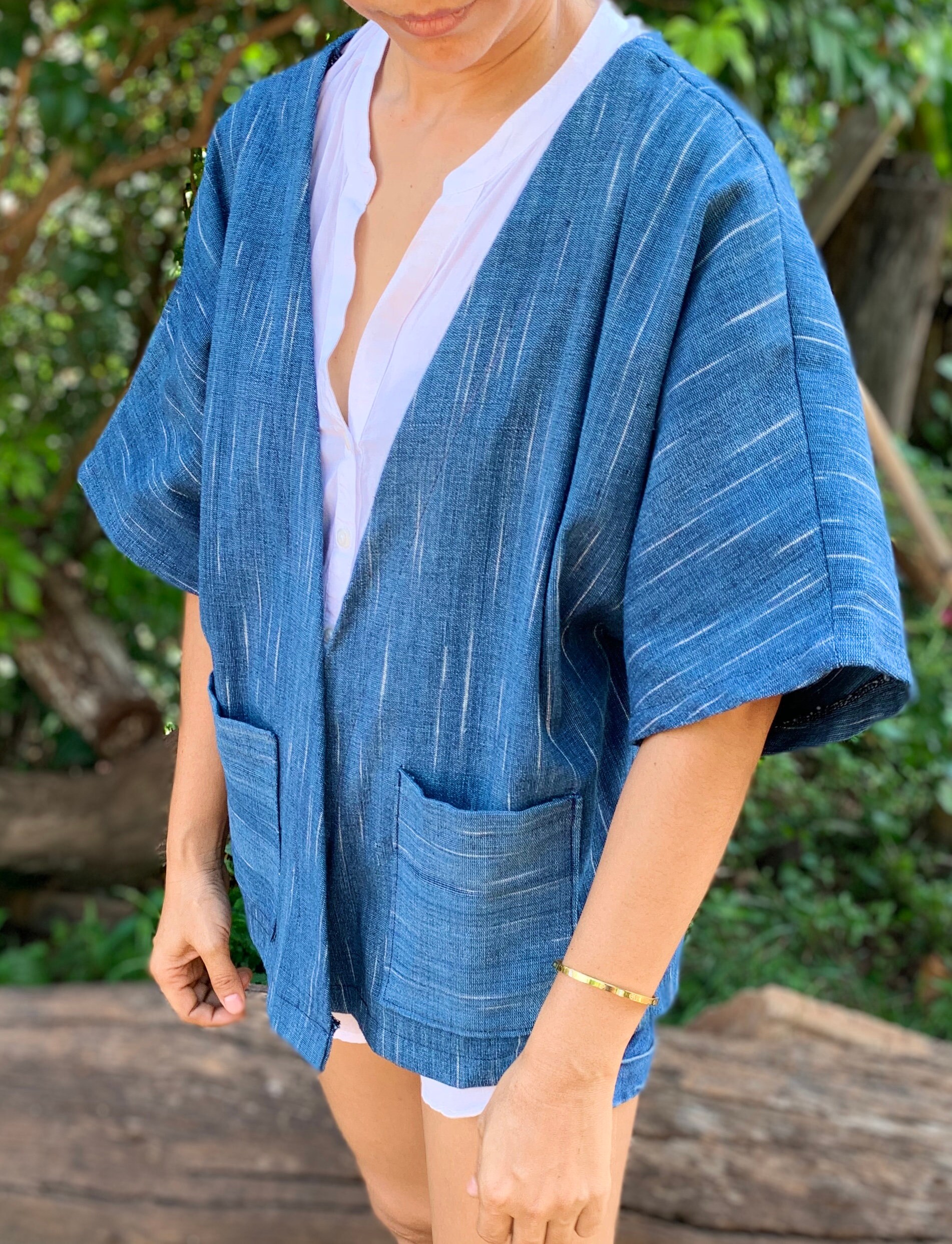 Handmade Organic Cotton Indigo Dye Thai Jacket Kimono Shirt Robe Poncho ...