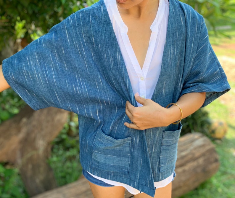 Handmade Organic Cotton Indigo Dye Thai Jacket Kimono Shirt Robe Poncho ...