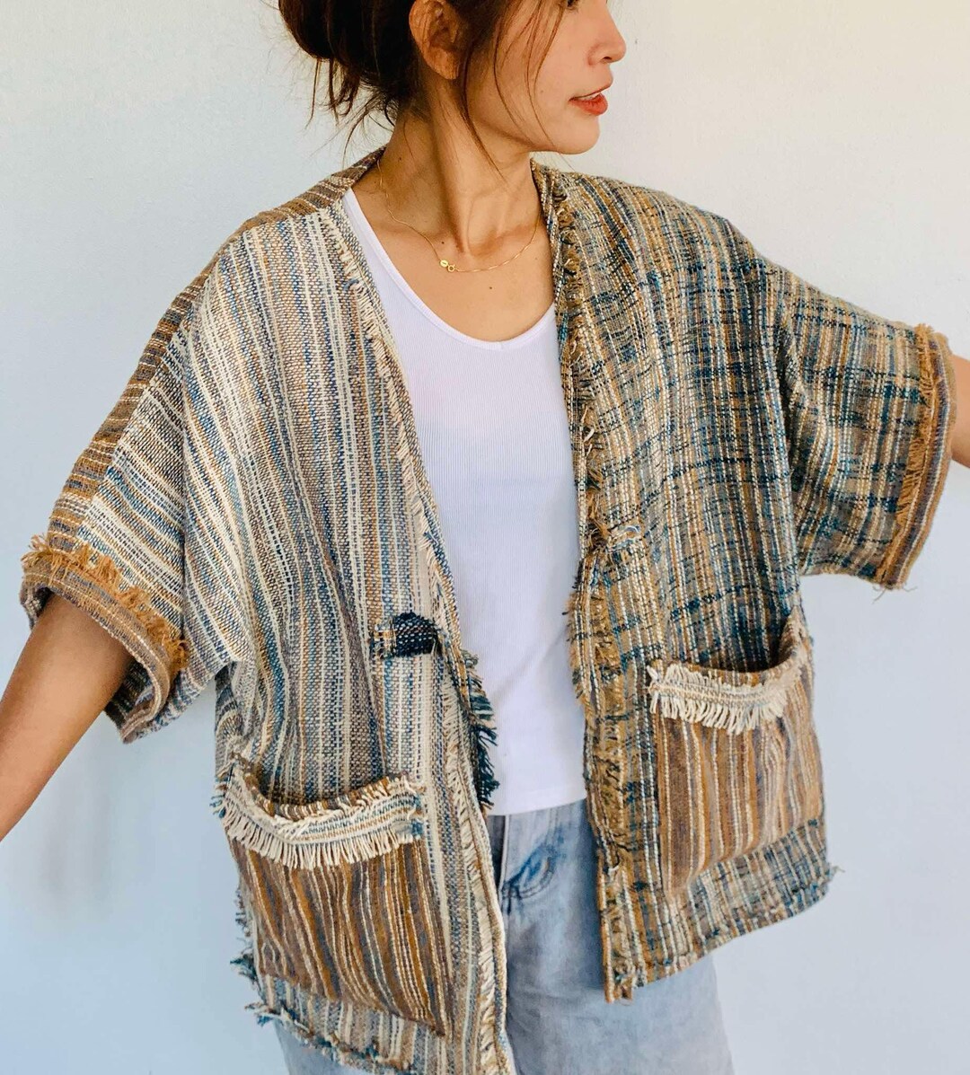 Handmade Organic Cotton Indigo Dye Thai Jacket Kimono Shirt Robe Poncho ...