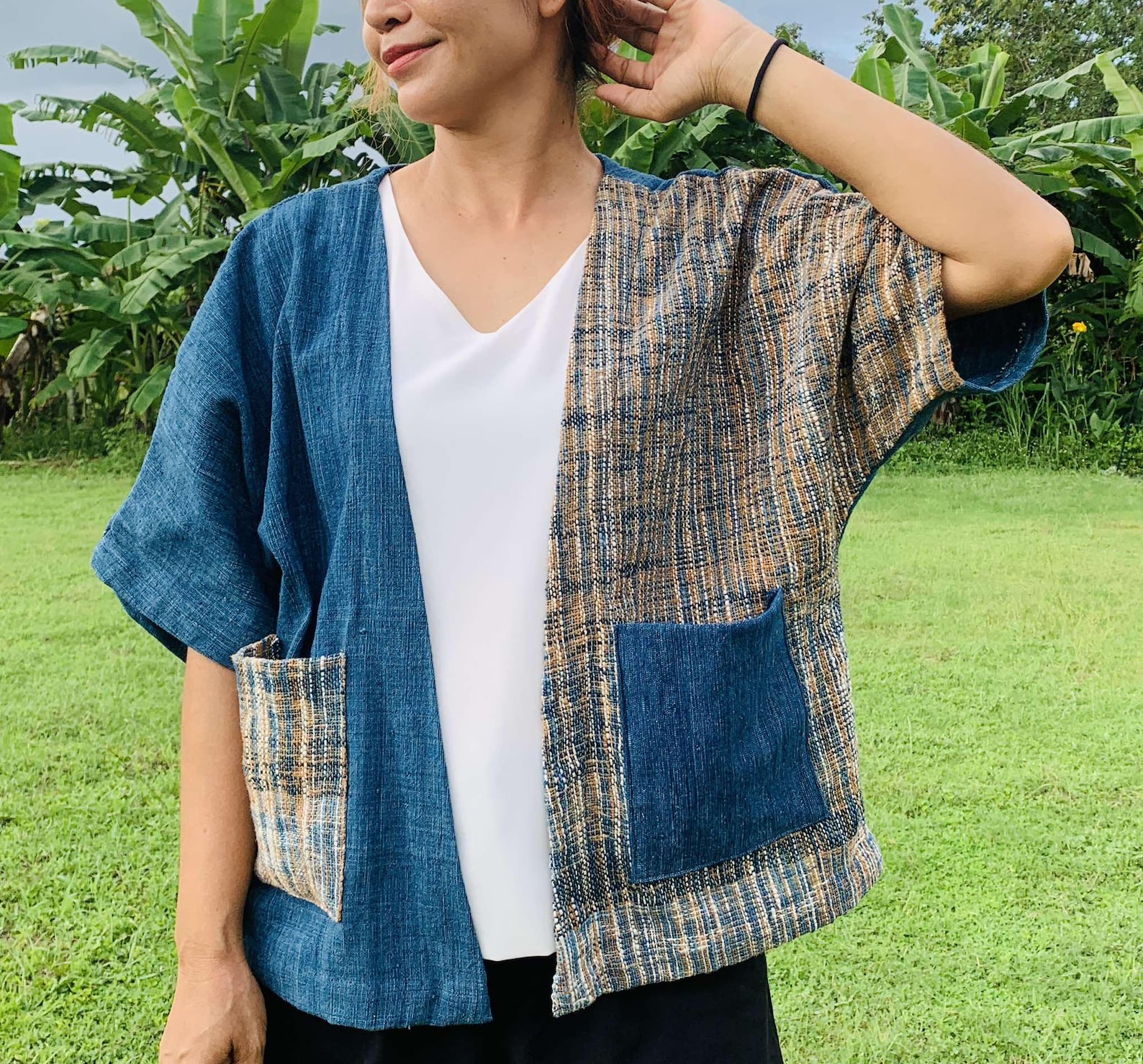 Handmade Organic Cotton Indigo Dye Thai Jacket Kimono Shirt Robe Poncho ...