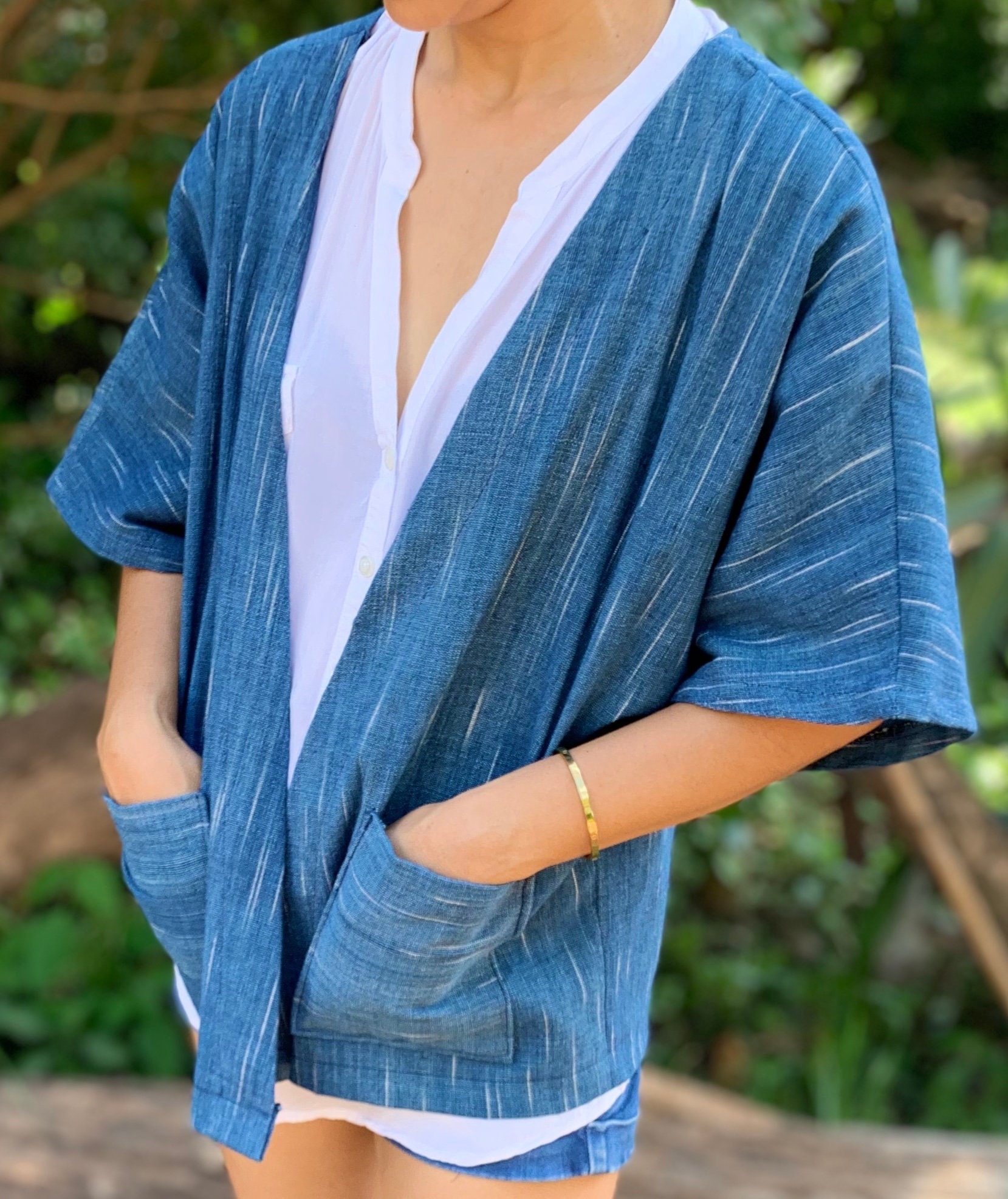 Handmade Organic Cotton Indigo Dye Thai Jacket Kimono Shirt Robe Poncho ...