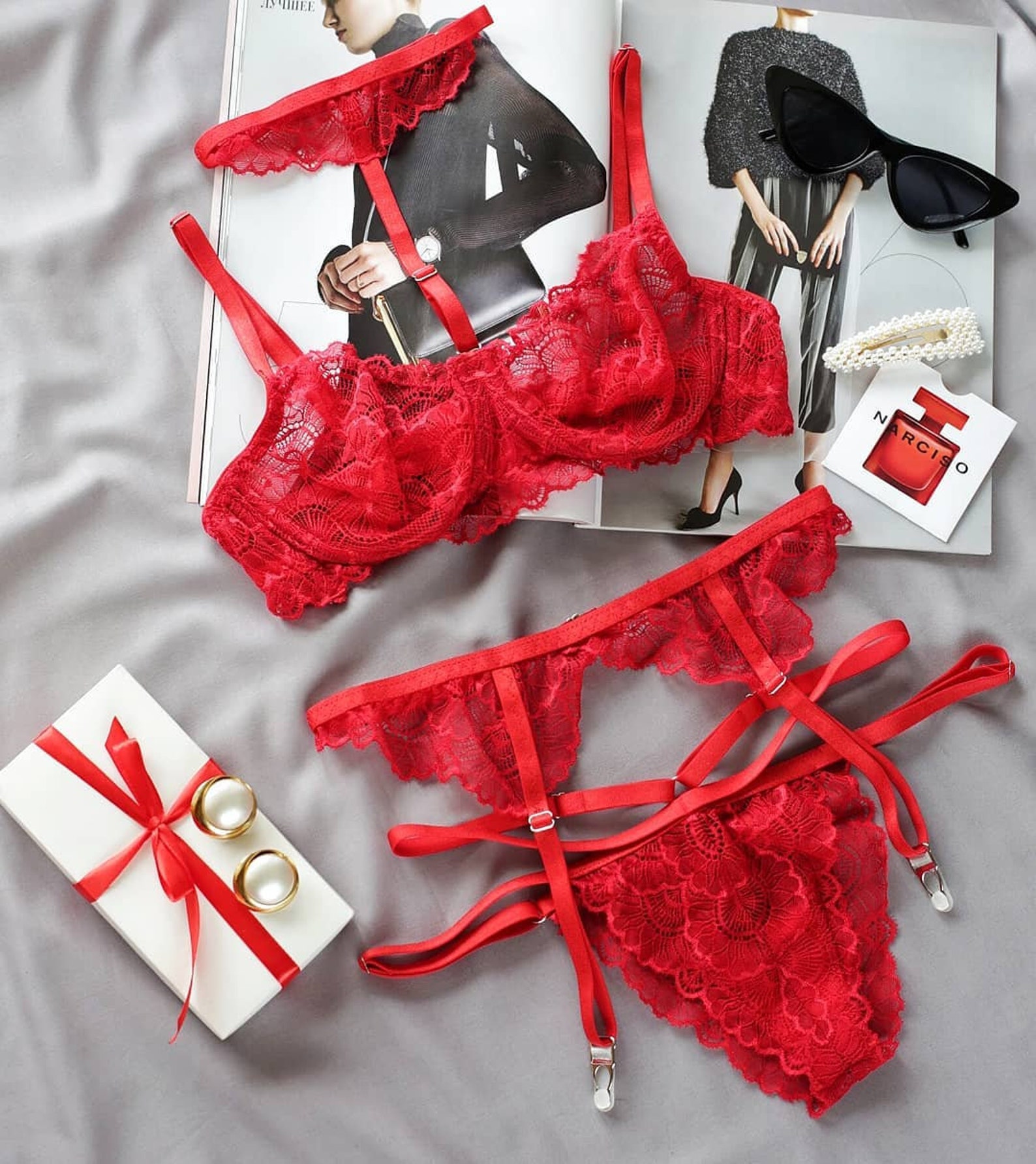 Red Lingerie Set Lace Lingerie Erotic Lingerie Sexy Lingerie Bondage Lingerie See Through