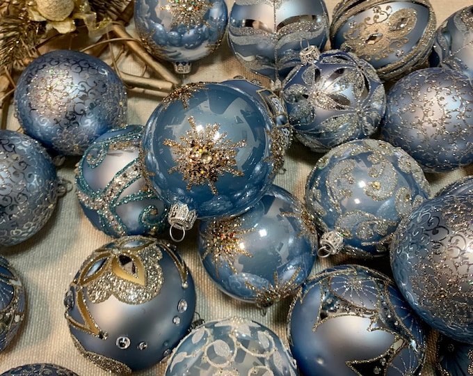 12 Blue Assorced Christmas Glass Balls Ornaments, Hand Painted ...