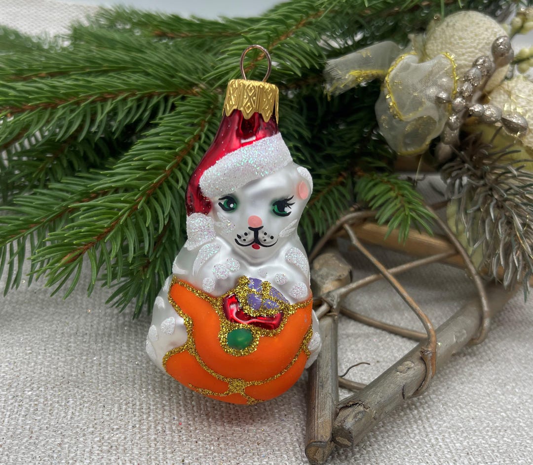 Cat With Present Christmas Glass Ornament,family Christmas Ornament ...