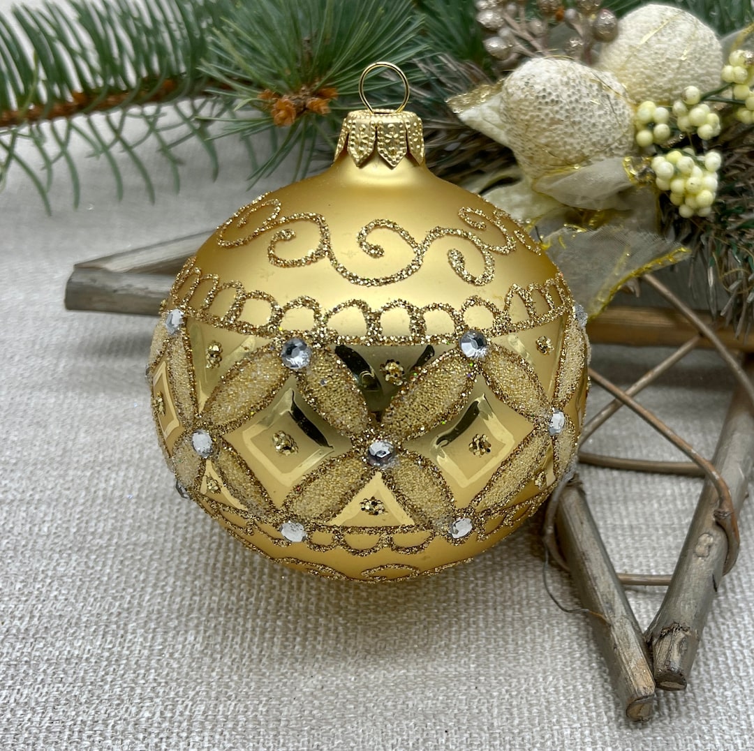 Gold Christmas Glass Ball Ornament, Hand Painted Christmas Glass ...