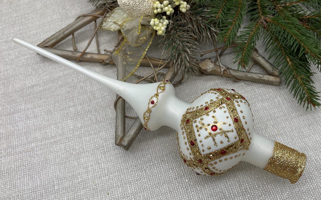 White With Gold Christmas Glass Tree Topper 9 Inch,vintage Tree Topper ...