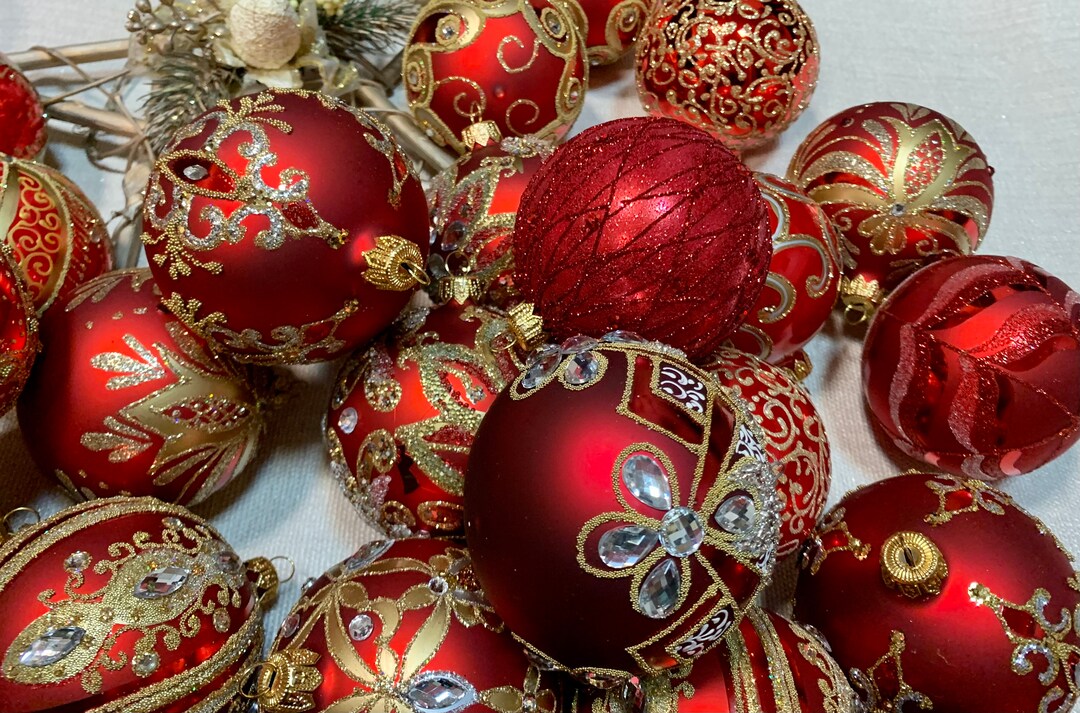 24 Red Assorced Christmas Glass Balls Ornaments, Hand Painted Christmas ...