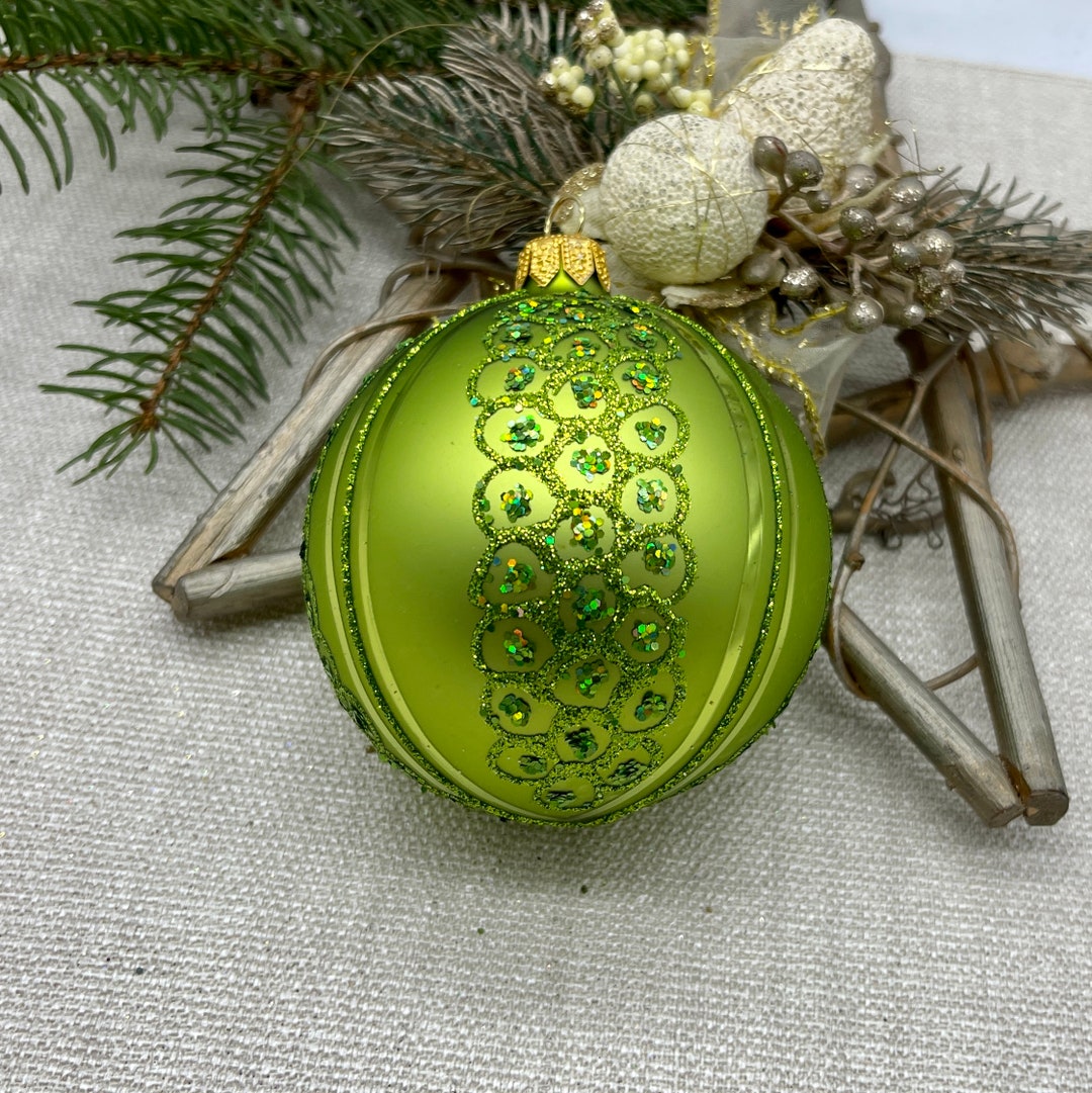Green Christmas Glass Ball Ornament, Hand Painted Christmas Glass ...
