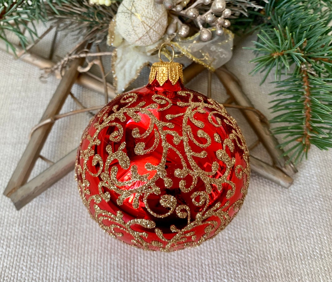 Red Christmas Glass Ball Ornament, Hand Painted Christmas Glass ...