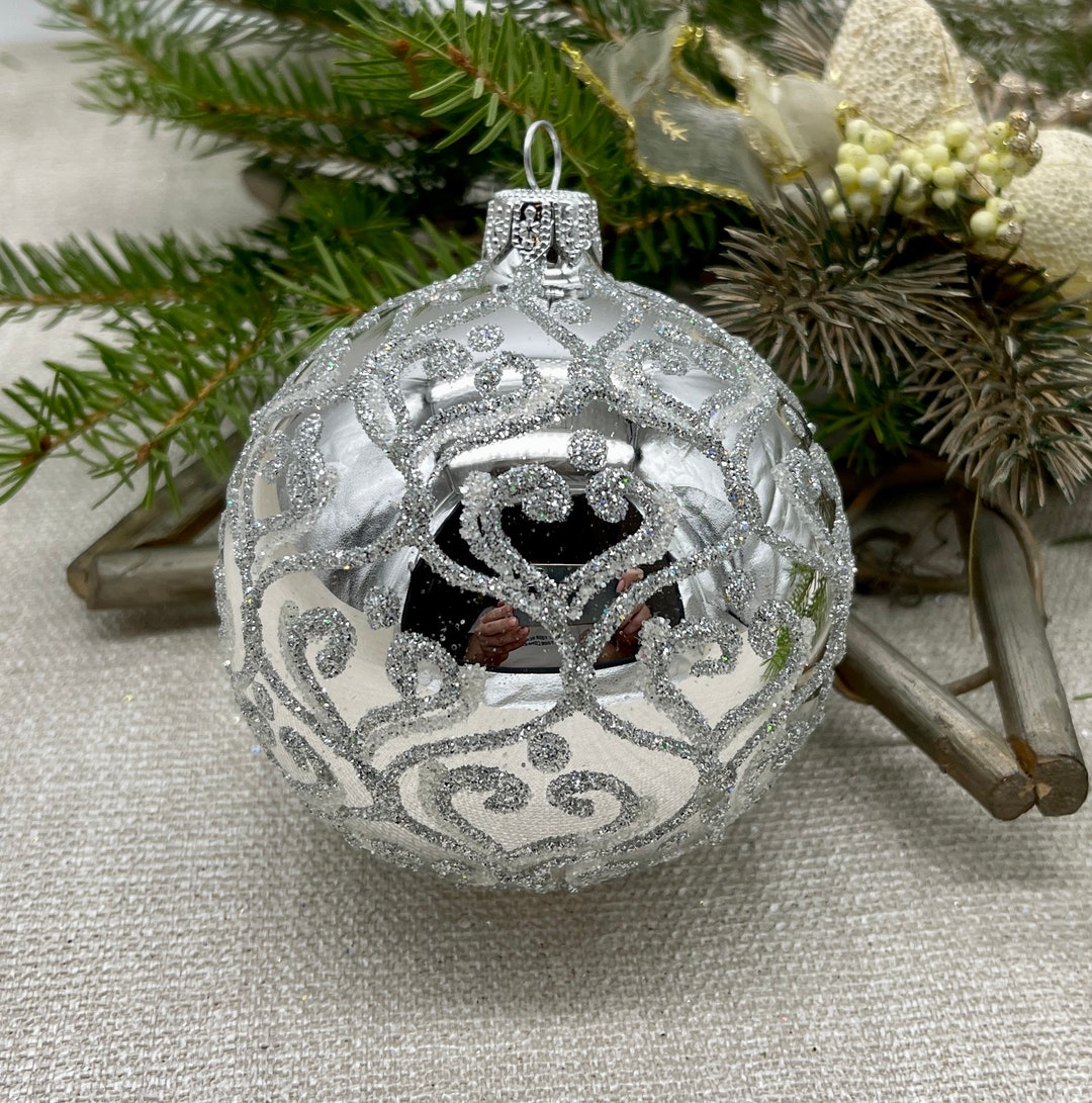 Silver Christmas Glass Ball Ornament, Hand Painted Christmas Glass ...