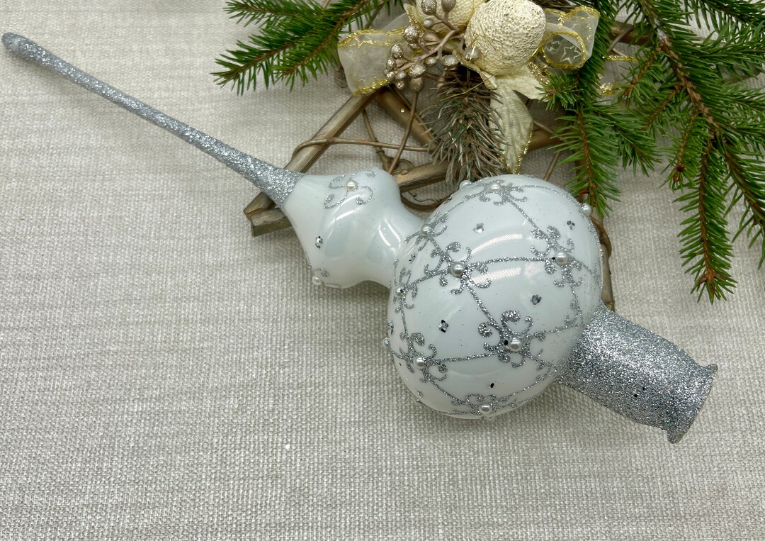 Big White Christmas Glass Tree Topper With Silver Glitter 12 Inch ...