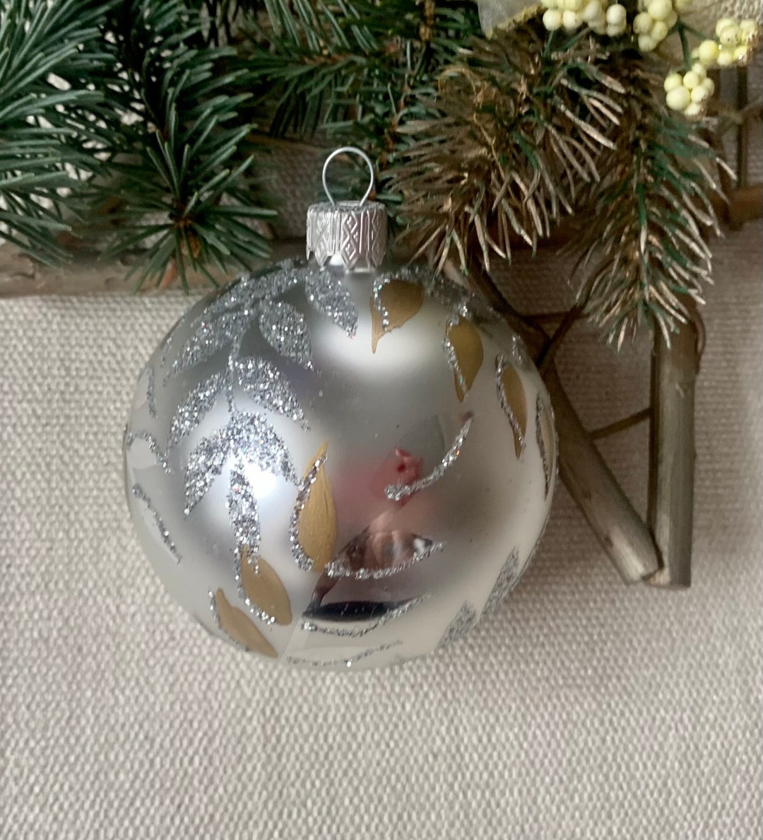 Silver Christmas Glass Ball Ornament, Hand Painted Christmas Glass ...
